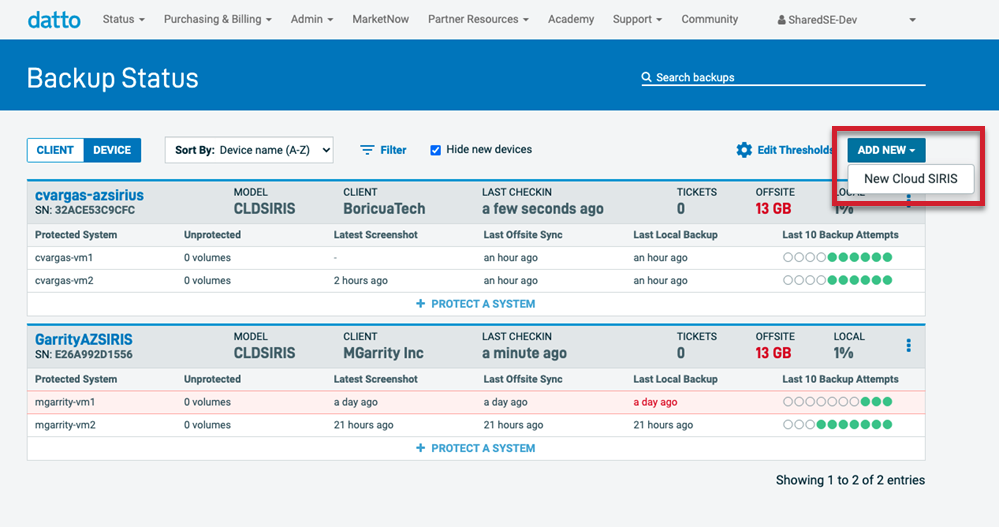 Datto Continuity for Microsoft Azure (DCMA): Registering a Cloud Siris device for use with Datto ...