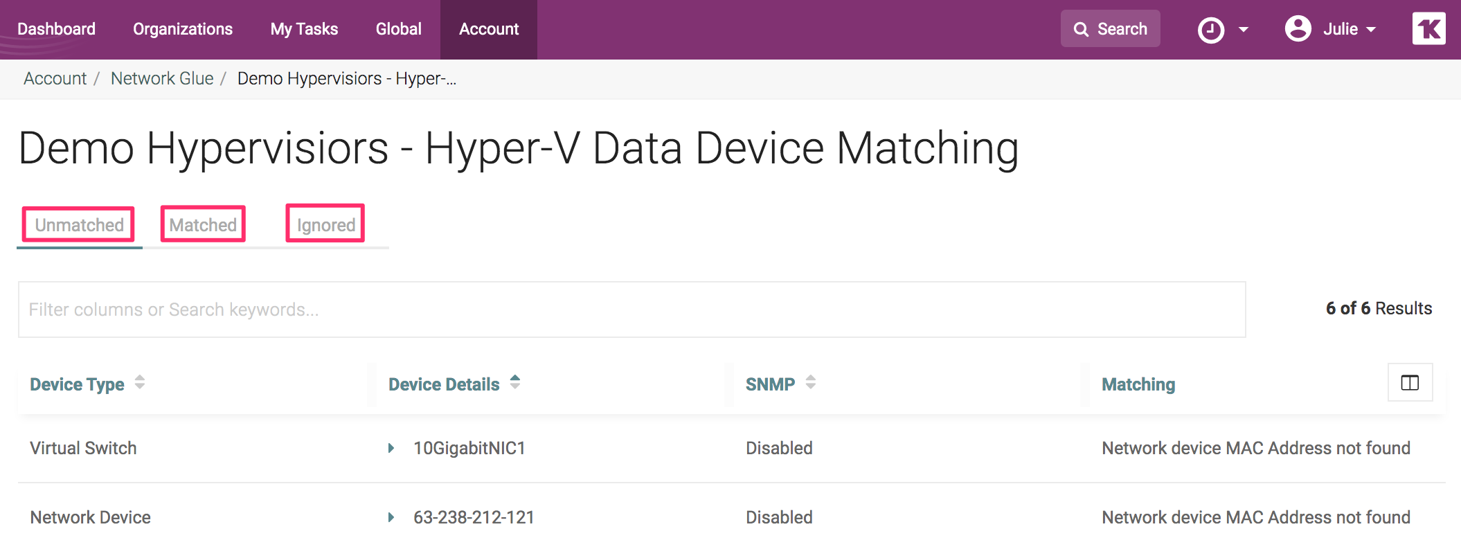 5. Guide to Network Glue device matching – Kaseya SANDBOX